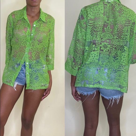 Vintage | Tops | Vintage Sheer Lime Green Cutout Top Sz 6w | Poshmark